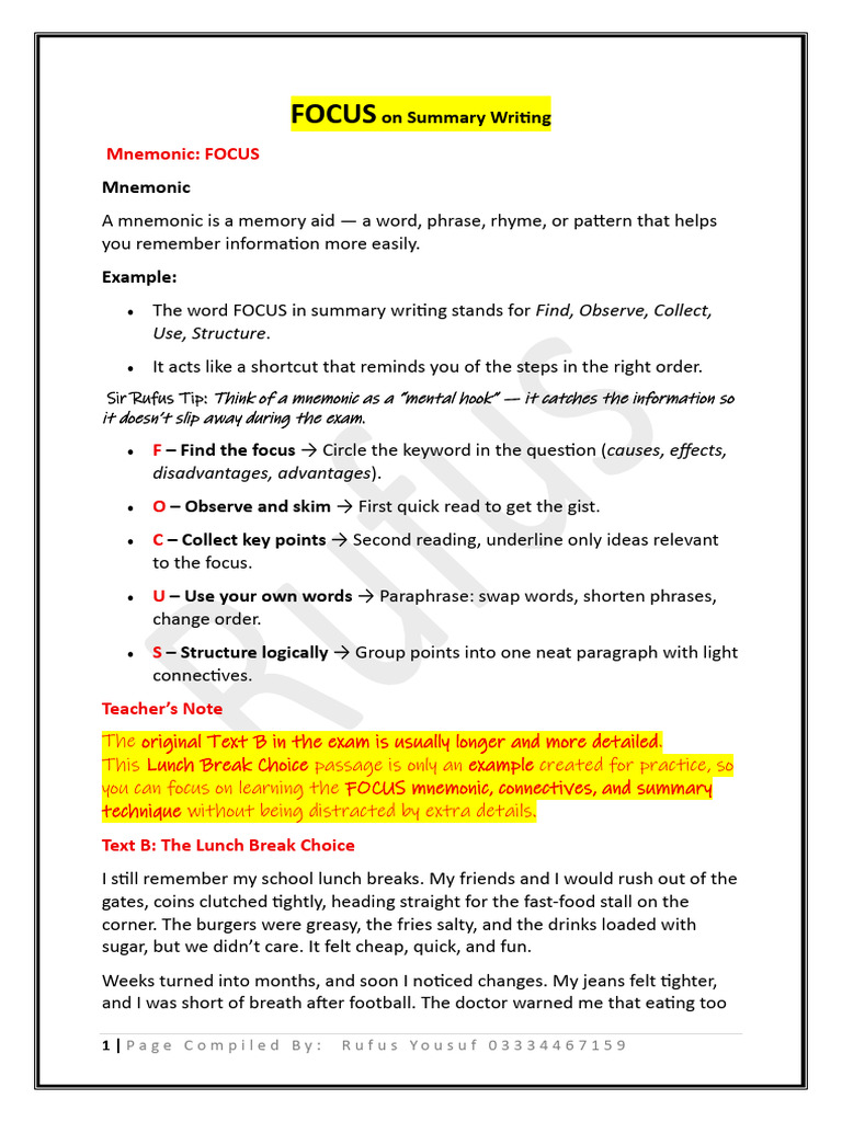 Mastering Focused Summary Techniques | PDF | Mnemonic