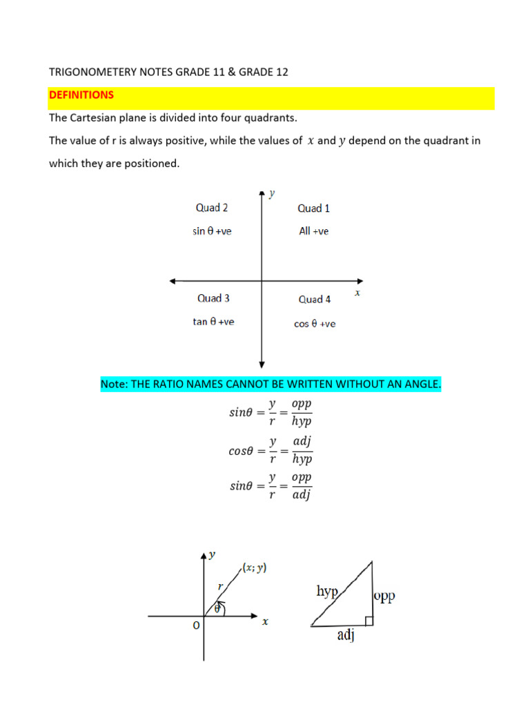 Grade 11 Trigonometry Notes | PDF