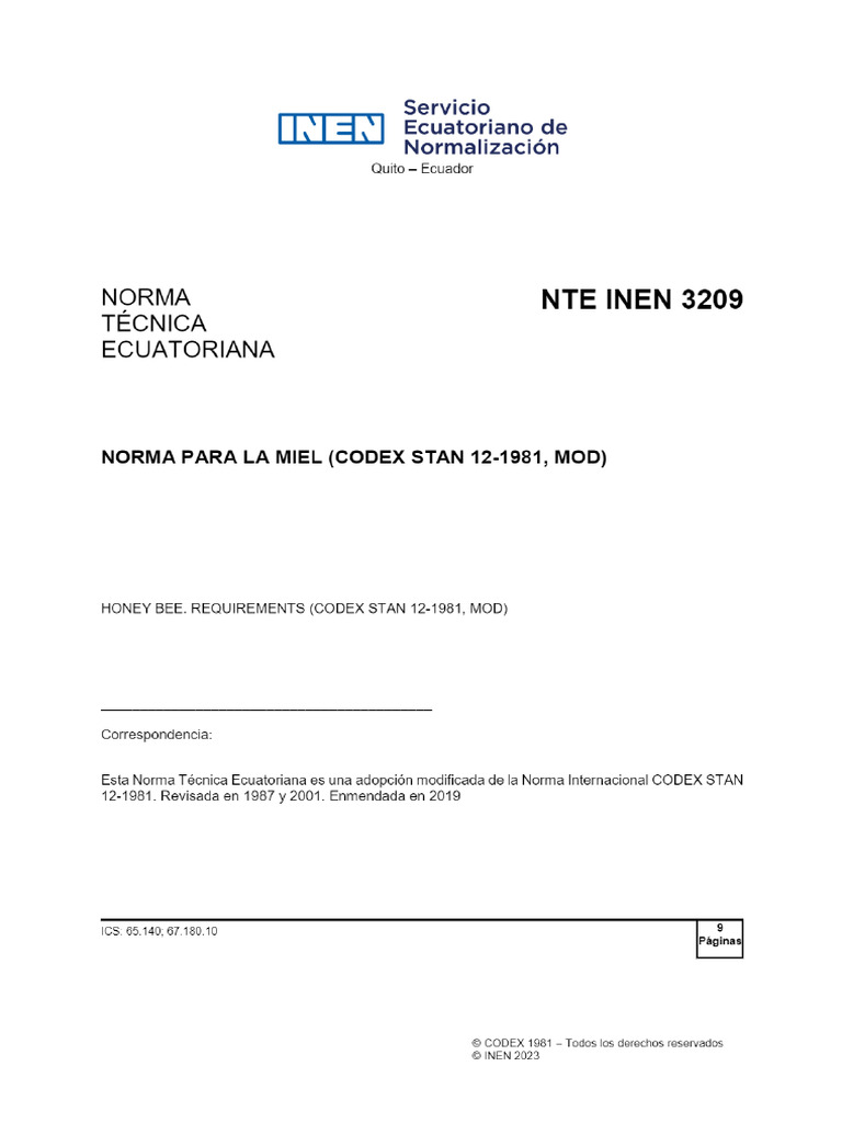 Nte Inen 3209 Miel (Codex Stan, Mod) | PDF