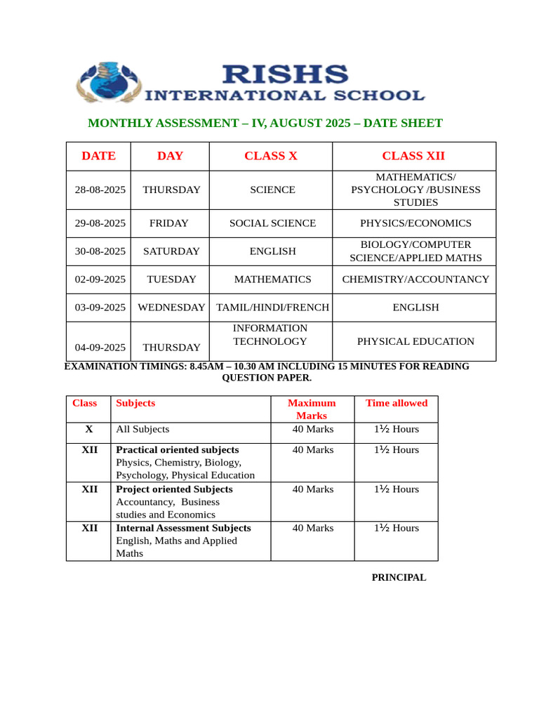 Date Sheet For Quarterly Examination, July 2025-1 | PDF