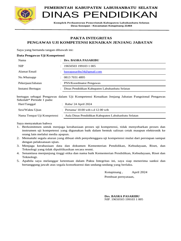 (PU7c-9.17) - Pakta Integritas Pengawas Uji Kompetensi Kenaikan Jenjang ...