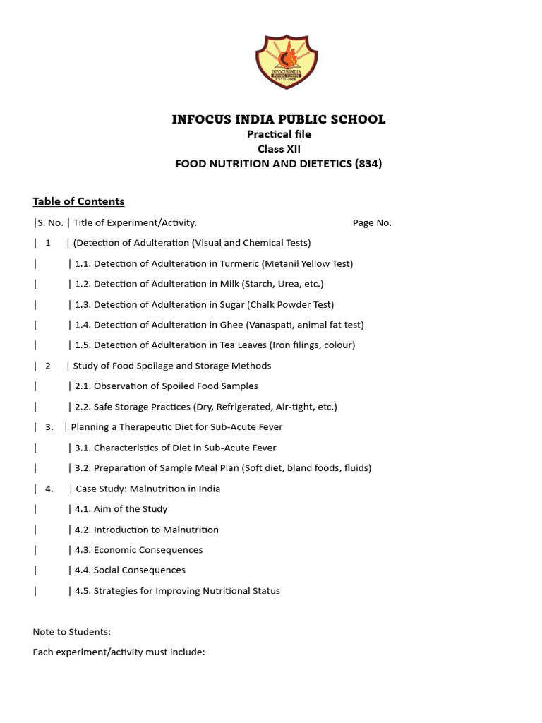 Nutrition Practical File for Class XII | PDF | Malnutrition | Nutrition