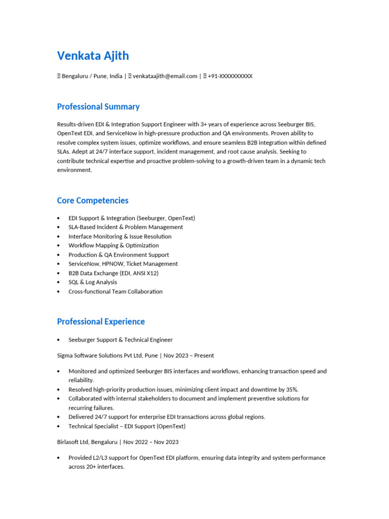 EDI Support Engineer Resume - Venkata Ajith | PDF | Electronic Data ...