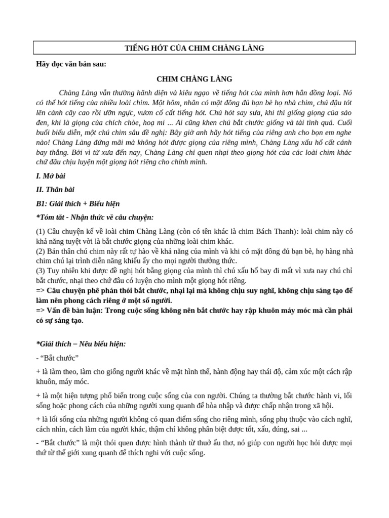 ?ĐỀ NLXH-Câu chuyện về chim chàng làng-bắt chước, đánh mất bản thân | PDF