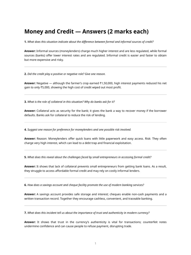 Money and Credit - Worksheet Answers | PDF | Interest | Loans
