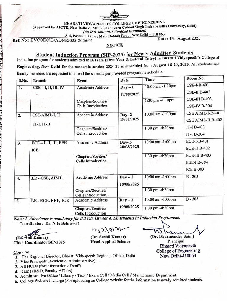 Notice - Student Induction Program For Newly Admitted Students 2025 | PDF