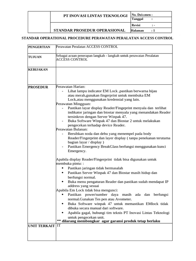 SOP Perawatan Peralatan Access Control | PDF