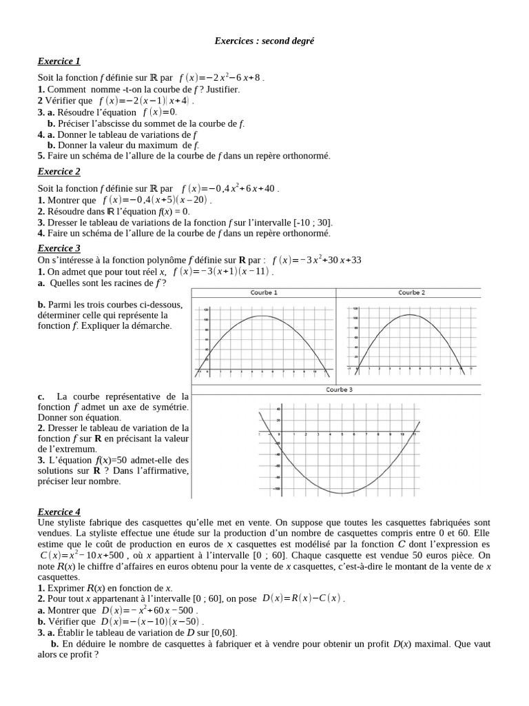 Exercices de mathématiques sur les fonctions quadratiques | PDF ...