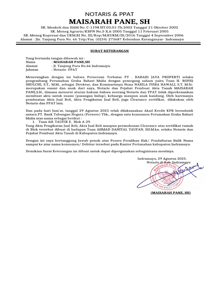 Surat Keterangan Notaris Indramayu | PDF