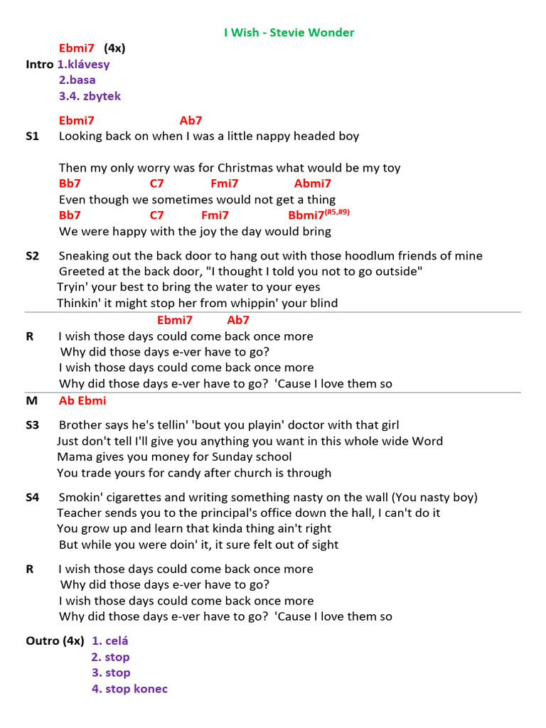 "Stevie Wonder's 'I Wish' Lyrics and Chords" | PDF