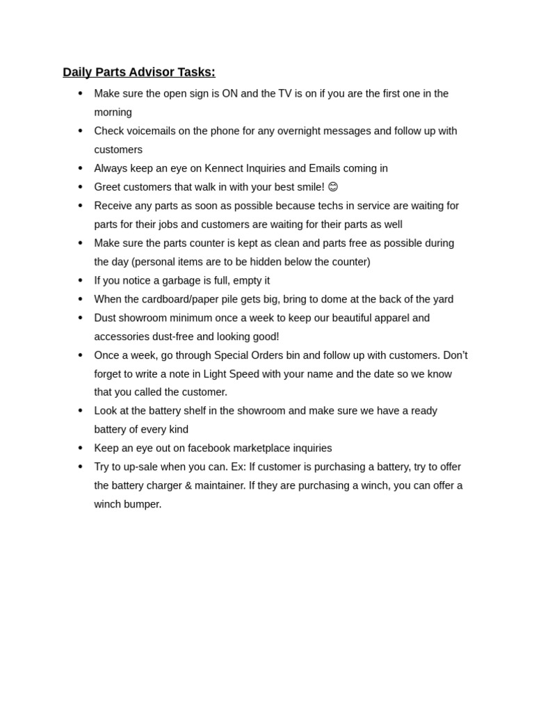 Daily Tasks for Parts Advisor 2 | PDF