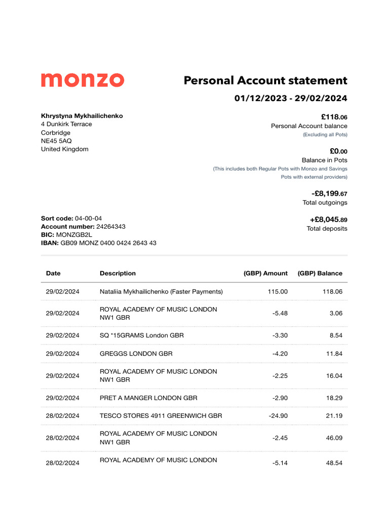Monzo_bank_statement_2023-12-01-2024-02-29_7541 | PDF | Banking ...