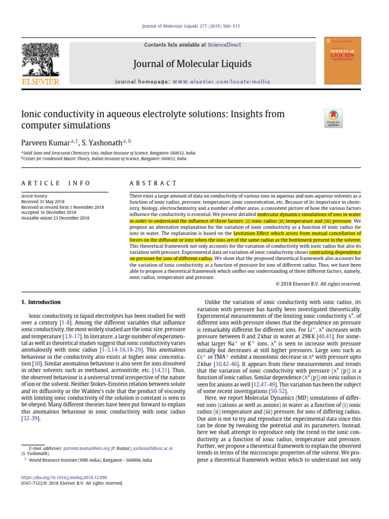 Ionic Conductivity in Aqueous Electrolyte Solutions - Insights From ...