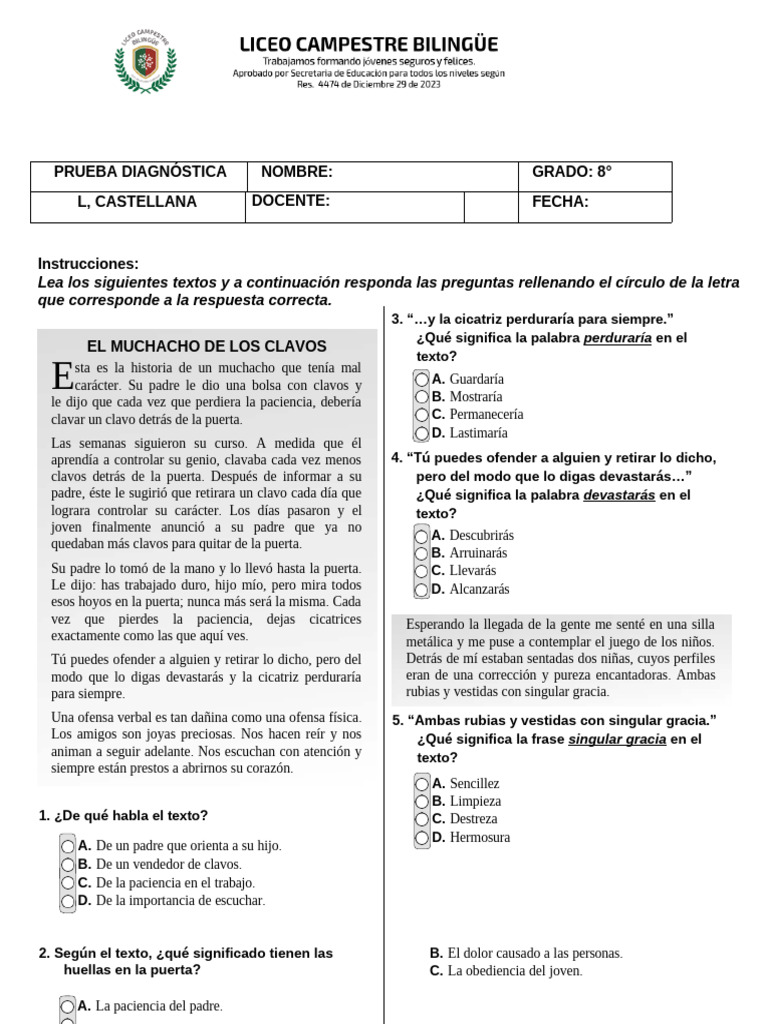 Prueba Diagnóstica 8º Español (2011) | PDF