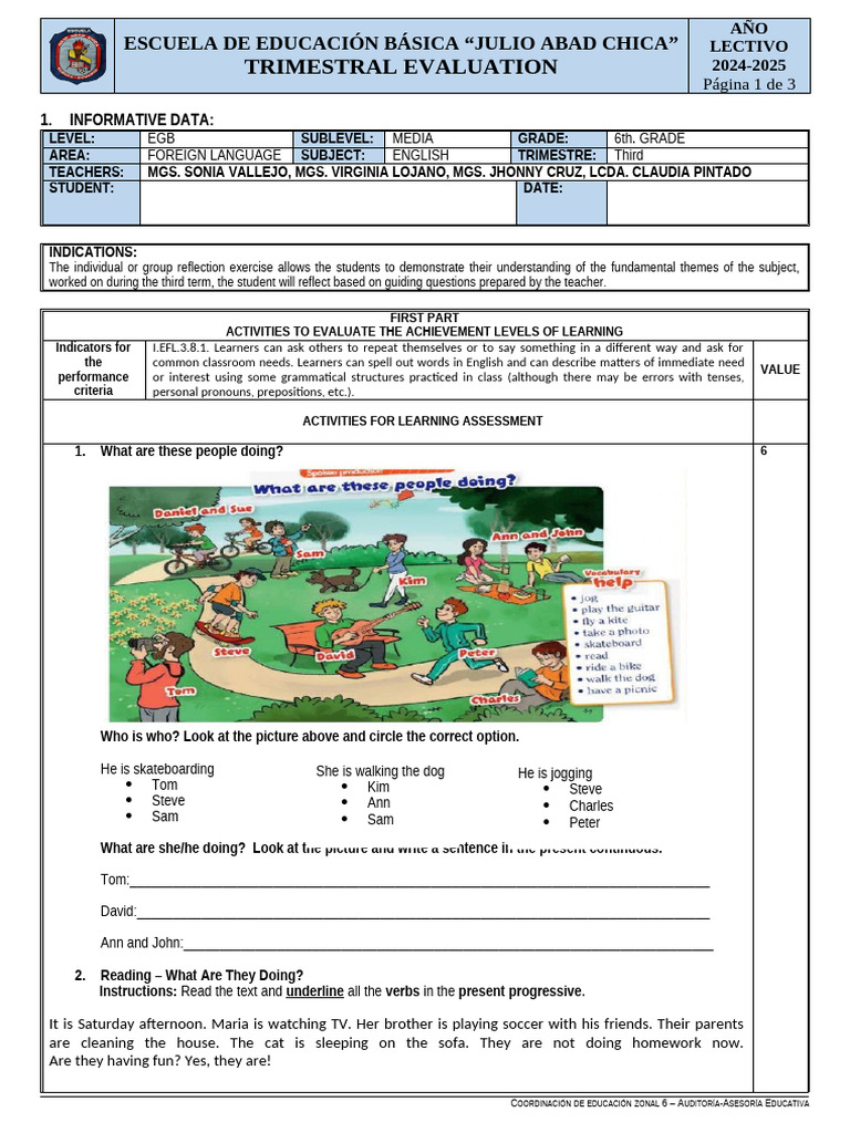 6th Grade English Trimester Evaluation | PDF | English Language ...