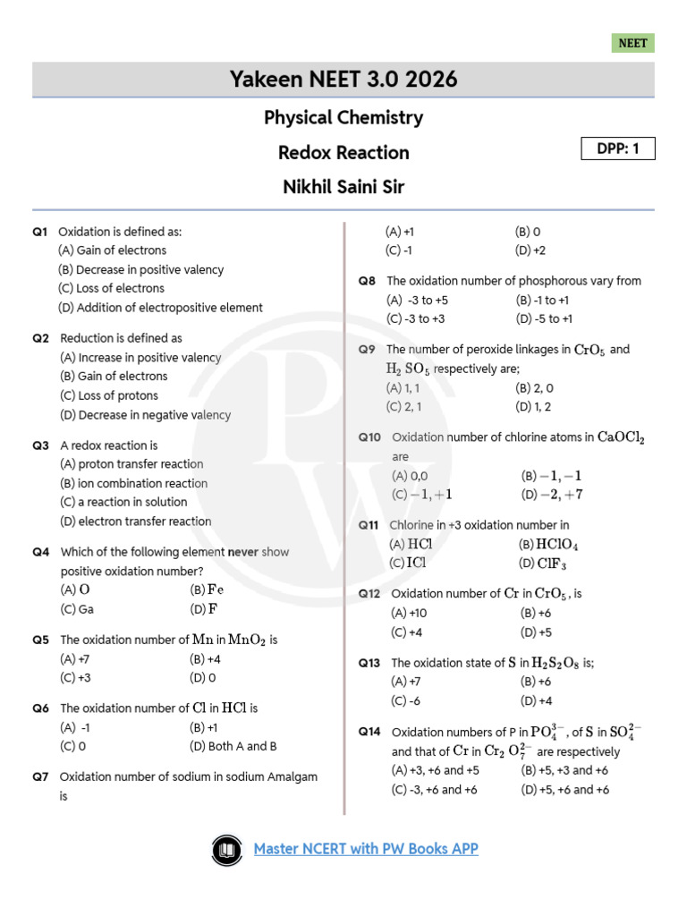 Redox Reaction: DPP - 01 (Of Lec-03) - Physical Chemistry | PDF | Redox | Chemical Reactions