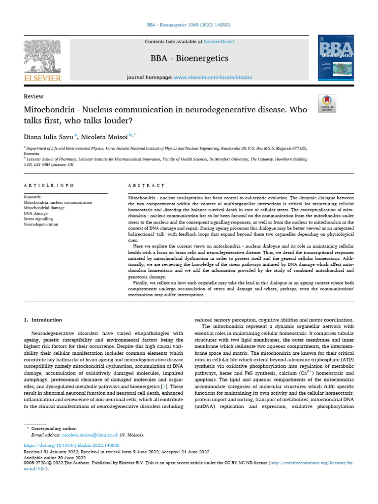 Savu2022 Mitochondria - Nucleus Communication in Neurodegenerative Disease | PDF | Mitochondrion ...