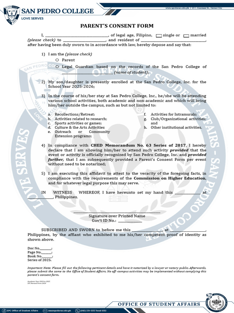 2025 Parents Consent Form - College | PDF | Affidavit | Notary Public