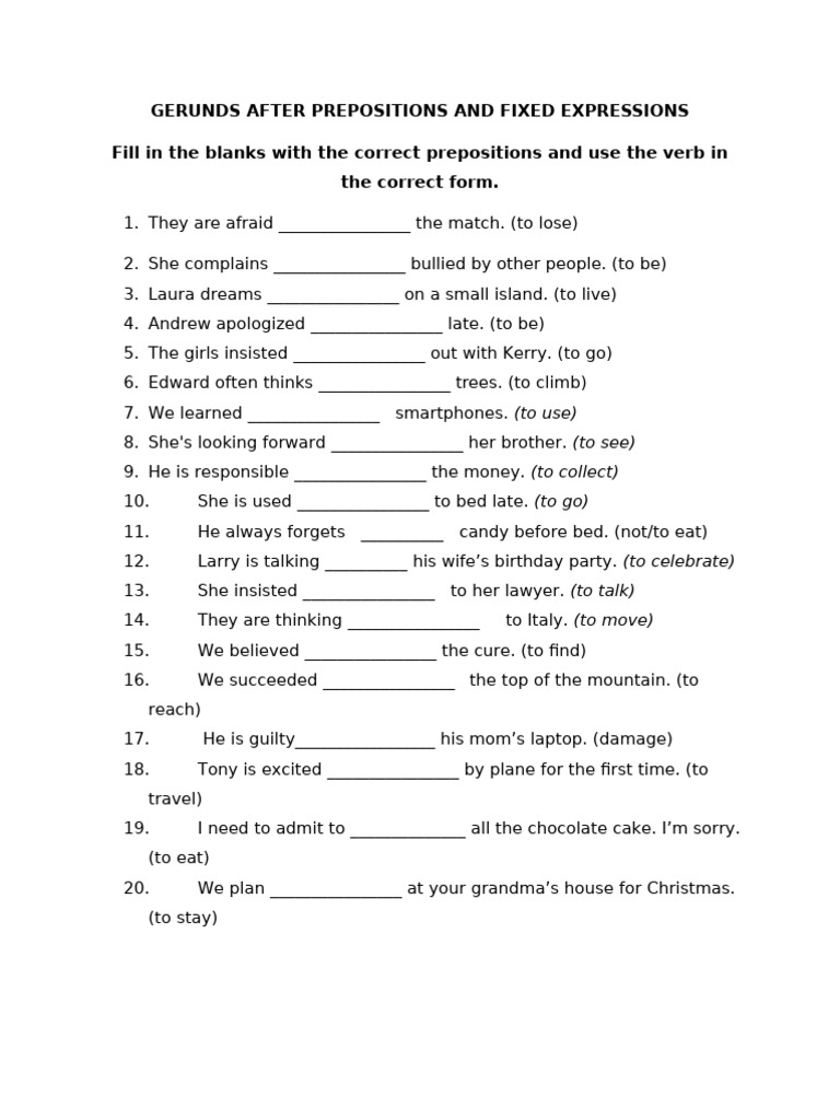Gerunds After Prepositions and Fixed Expressions Worksheet (1) | PDF