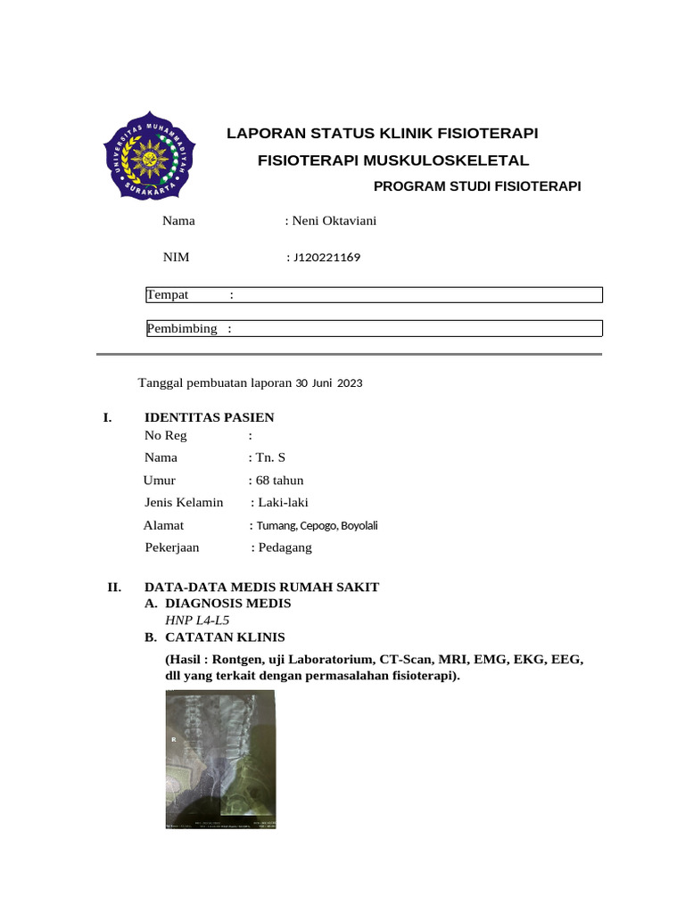 Laporan Fisioterapi Pasien HNP L4-L5 | PDF