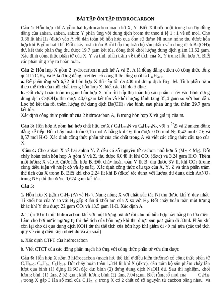 Bài Tập Tổng Hợp Hidrocacbon - Gửi Hs | PDF