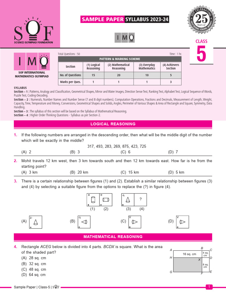 Class 5 IMO Sample Paper 2023-24 | PDF | Mathematics | Geometry