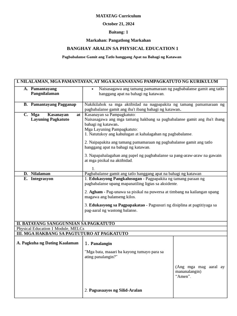DLP in Phy-Ed MATATAG-Curriculum | PDF