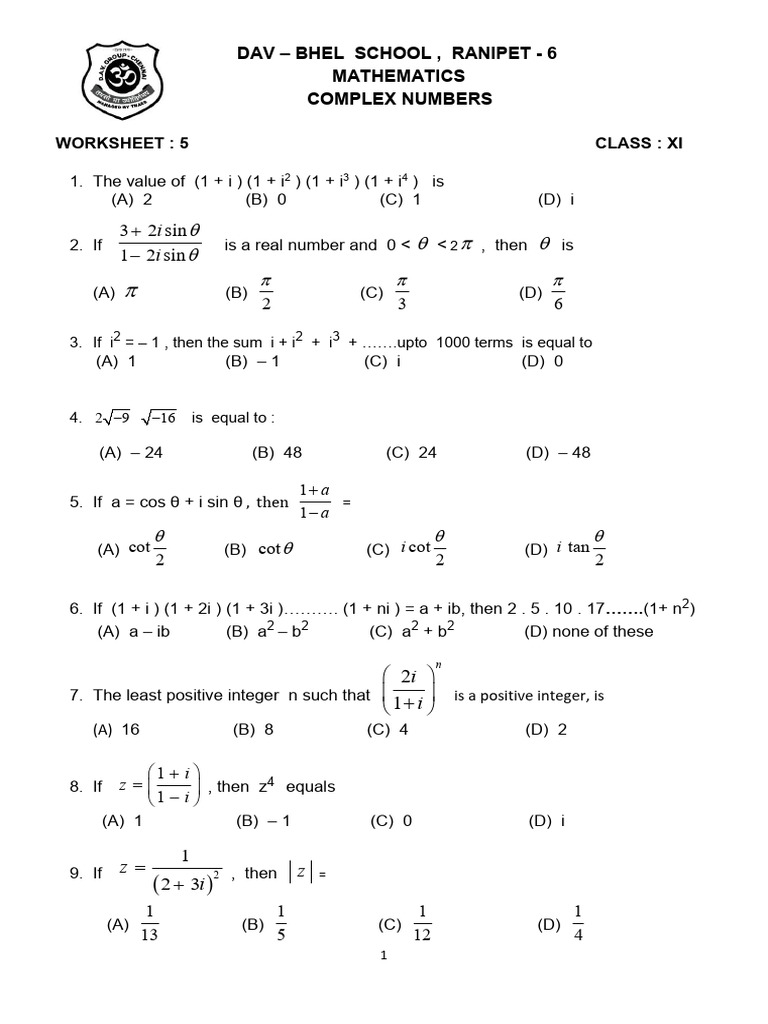 Complex Numbers Worksheet for Class XI | PDF
