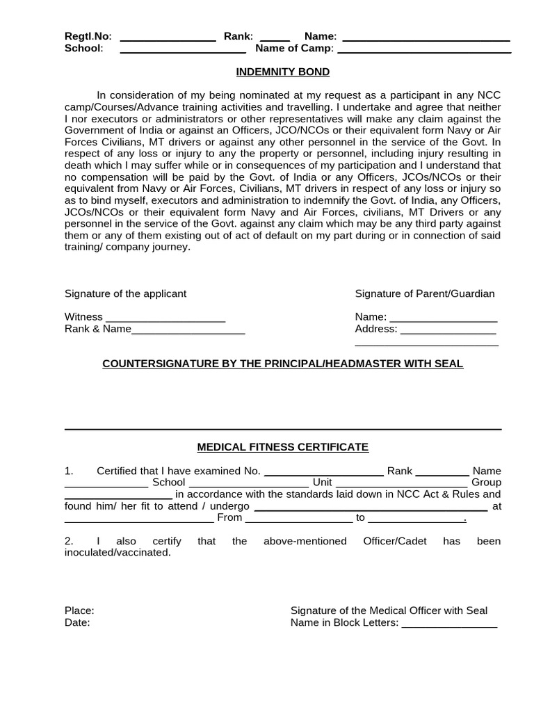 NCC Camp Indemnity and Consent Form | PDF | Indemnity