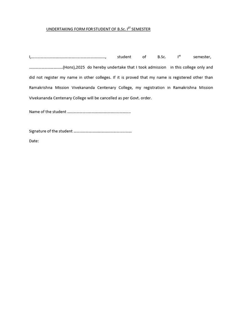 B.Sc. 1st Semester Student Undertaking Form | PDF
