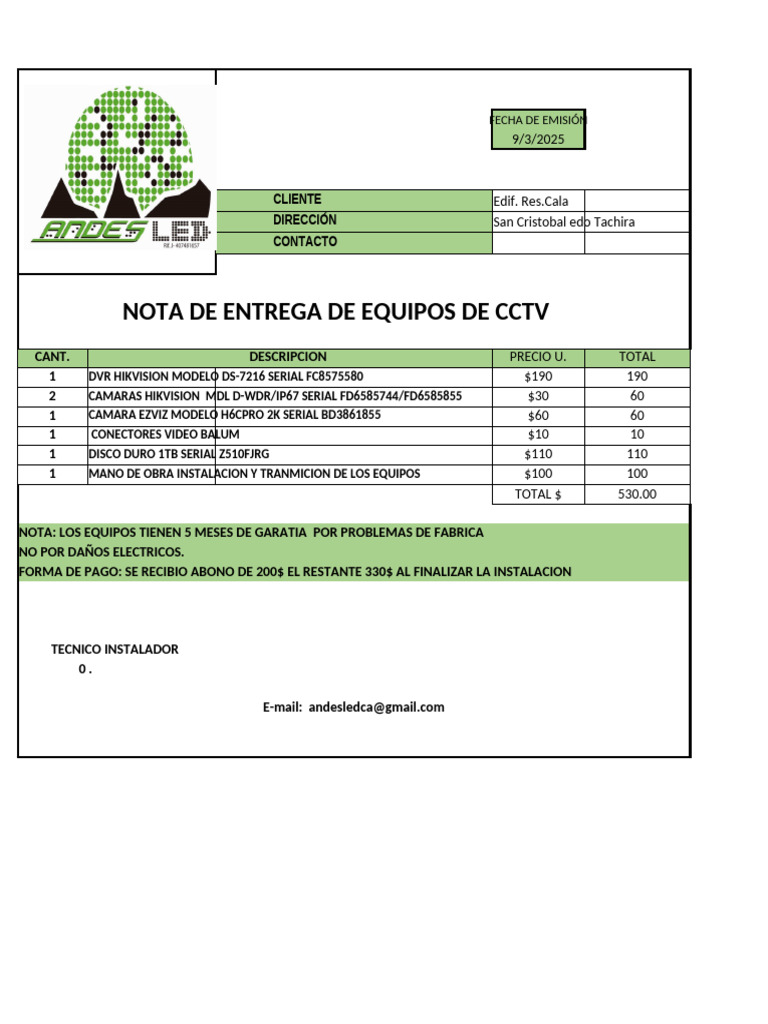 Nota de Entrega Residencia Cala | PDF