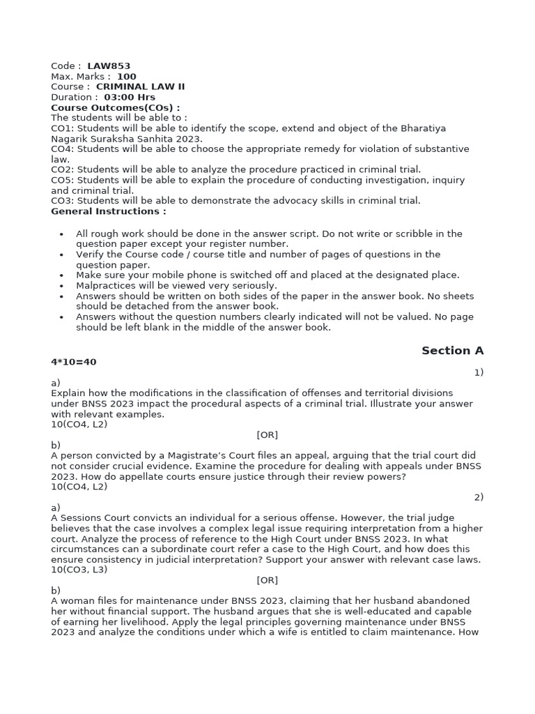 BNSS 2023 Criminal Law Exam Paper | PDF | Bail | Crimes