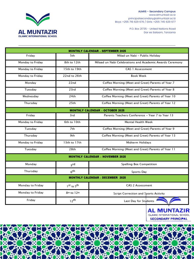 Secondary Calendar - September To December 2025 | PDF