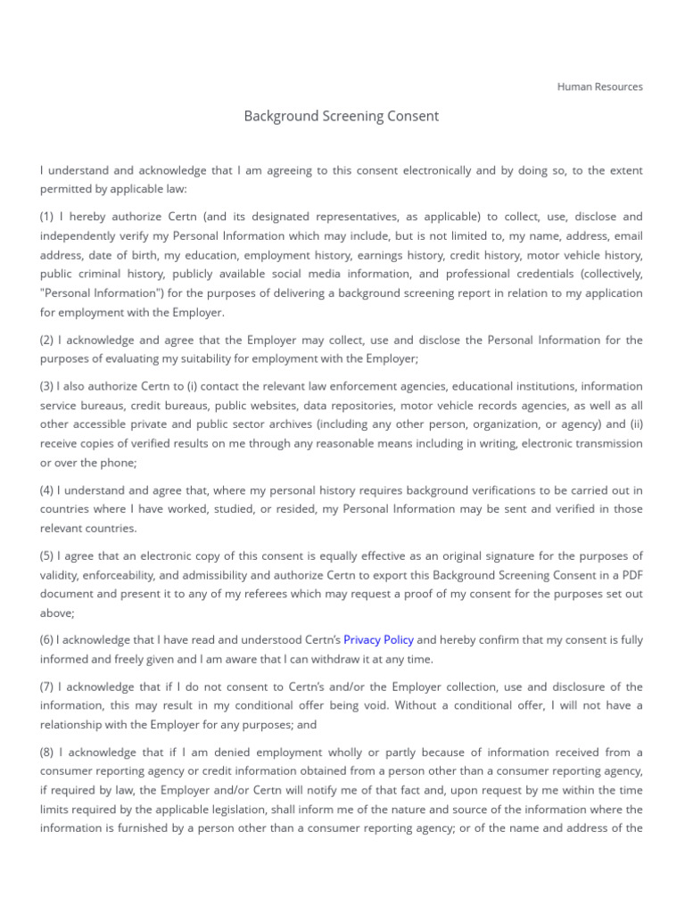 Background Screening Consent Form | PDF | Consent | Privacy