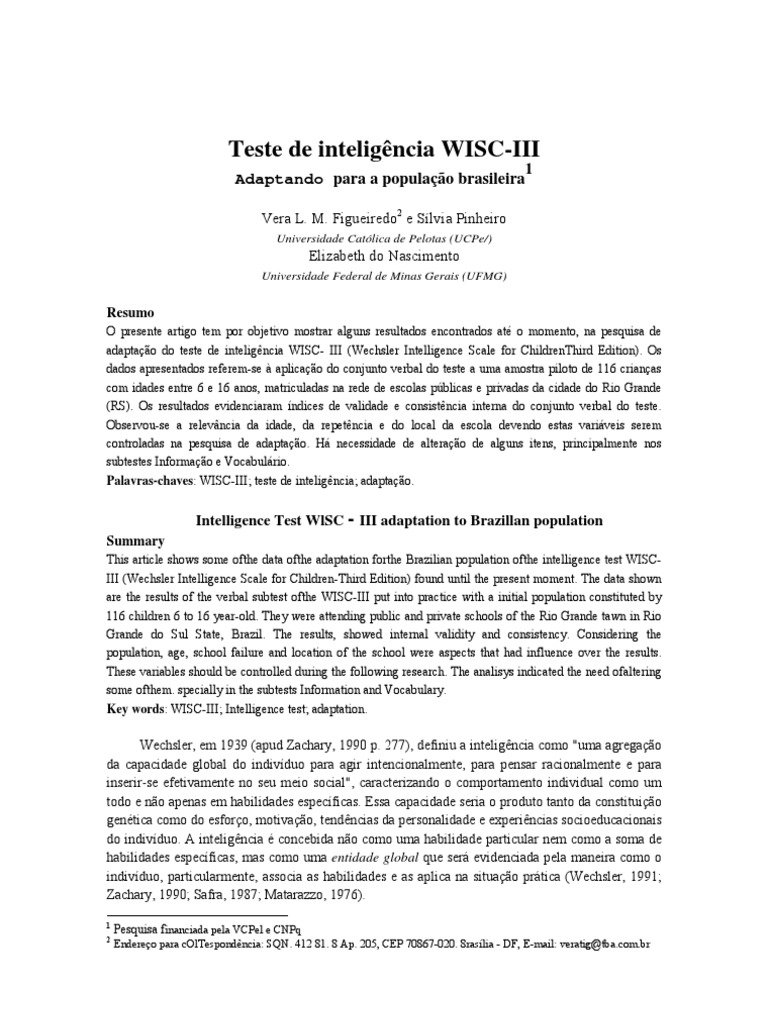 Wisc Teste | PDF | Quociente de inteligência | Ciência cognitiva
