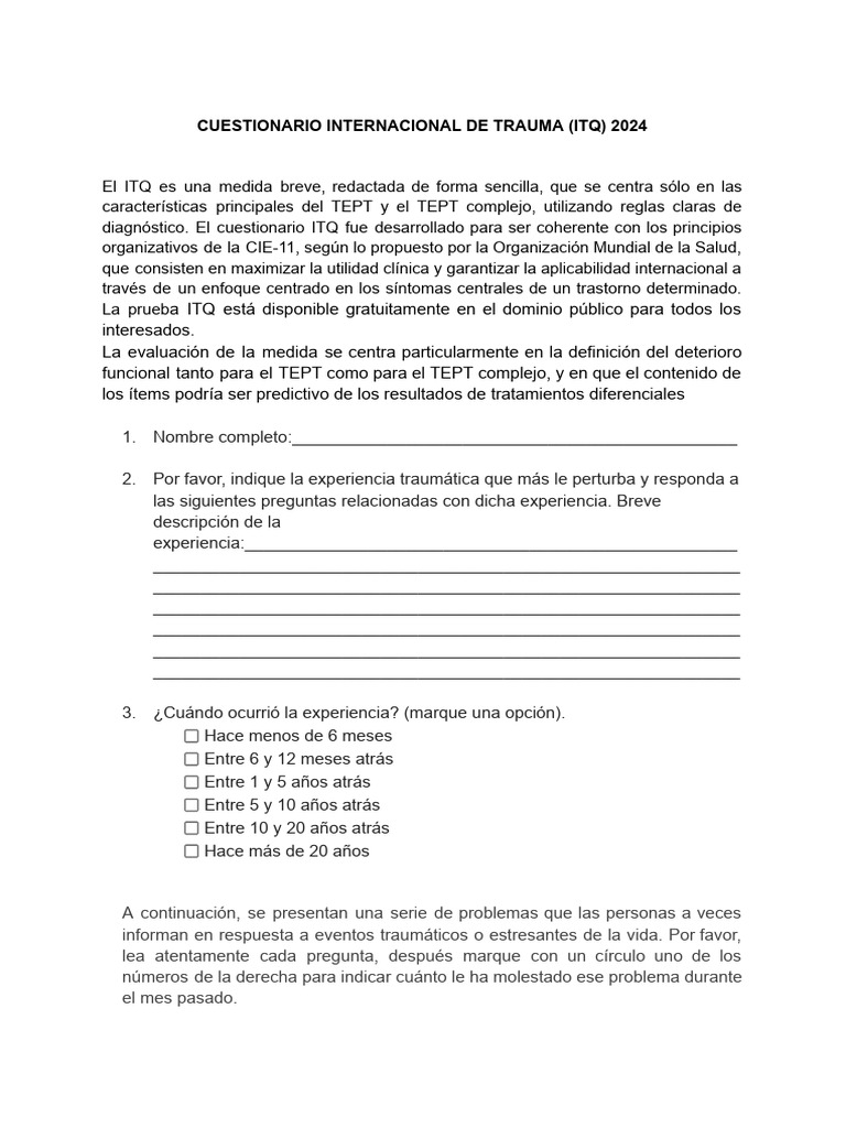 Cuestionario Internacional de Trauma (Itq) 2024 | PDF | Conceptos psicologicos | Salud mental
