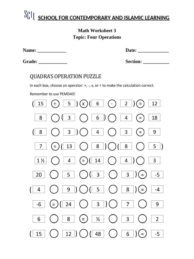 Math Worksheet: Four Operations | PDF