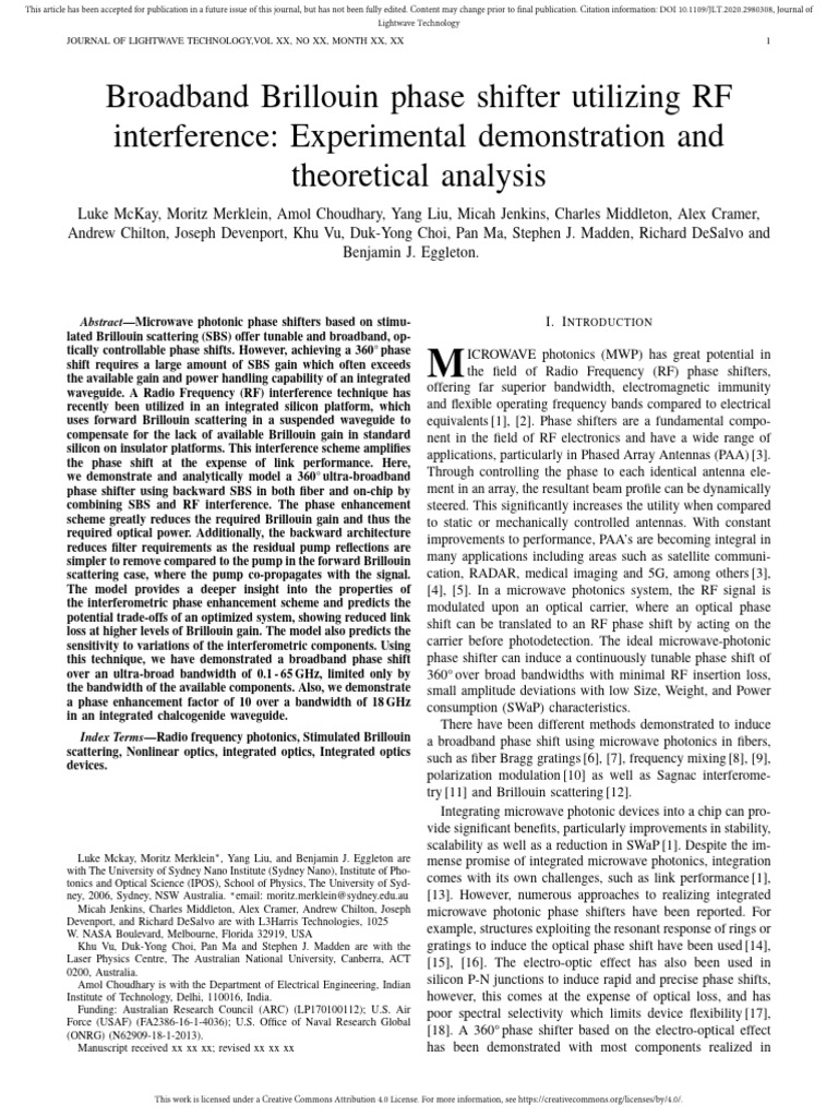 Broadband Brillouin Phase Shifter Utilizing RF Int | PDF | Phase (Waves) | Interferometry