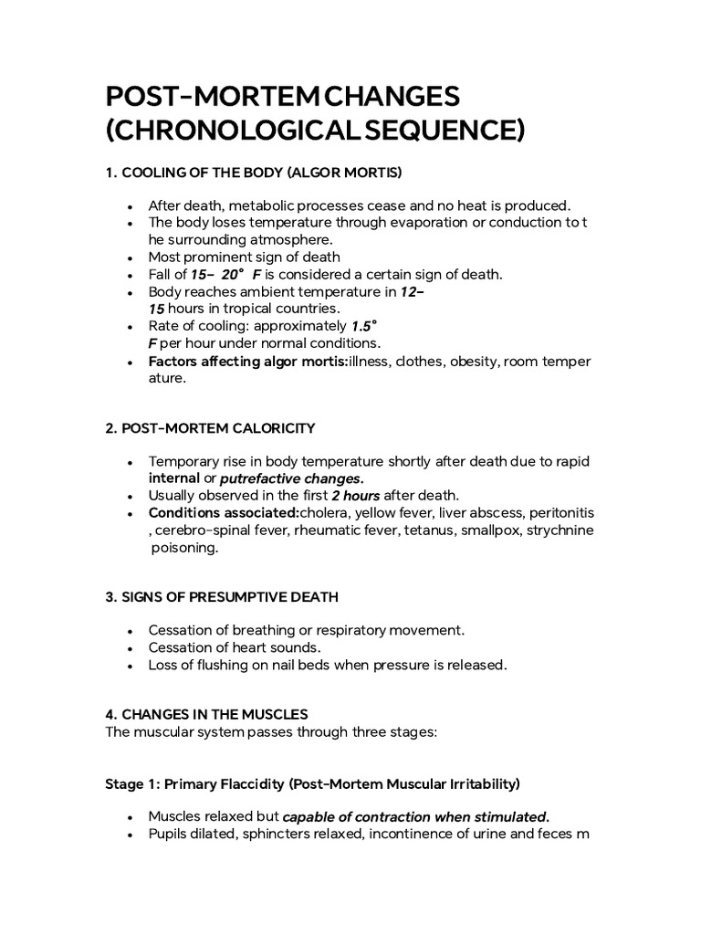 POST-MORTEM CHANGES (CHRONOLOGICAL SEQUENCE) | PDF | Decomposition