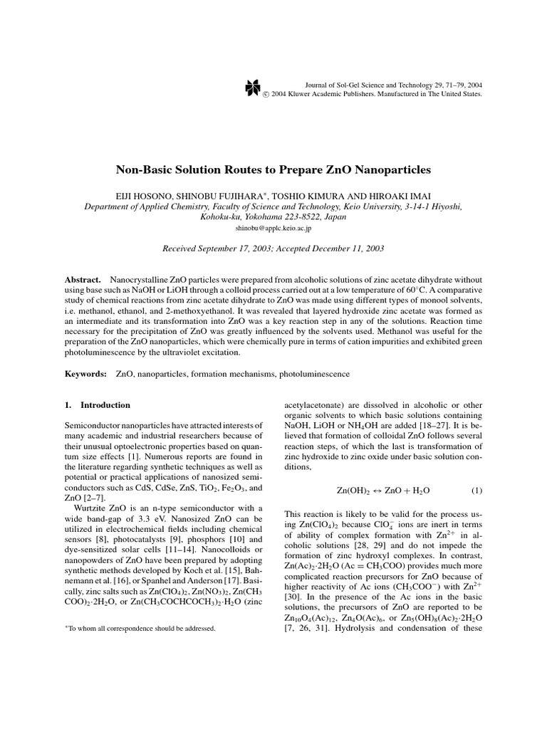 Non-Basic Methods for ZnO Nanoparticles | PDF | Zinc Oxide | Solvation