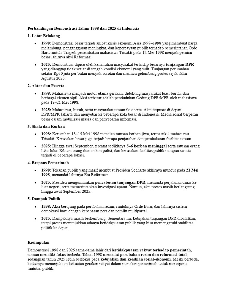 Perbandingan Demonstrasi Tahun 1998 Dan 2025 Di Indonesia | PDF