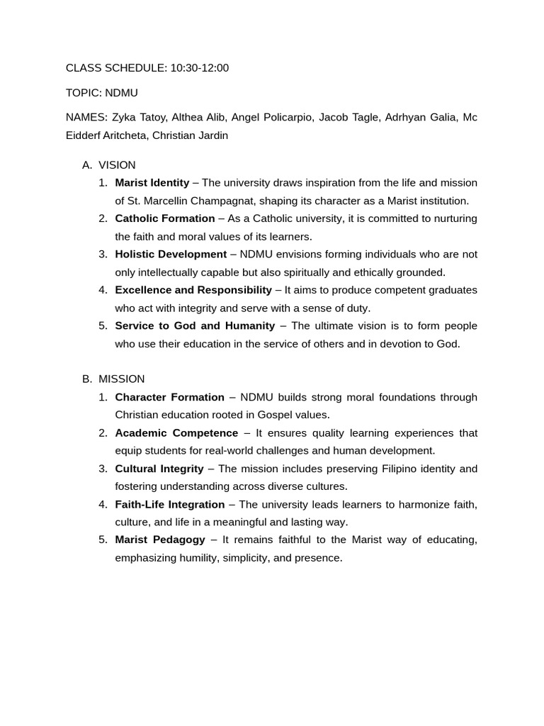 NDMU Vision, Mission, and Values Overview | PDF