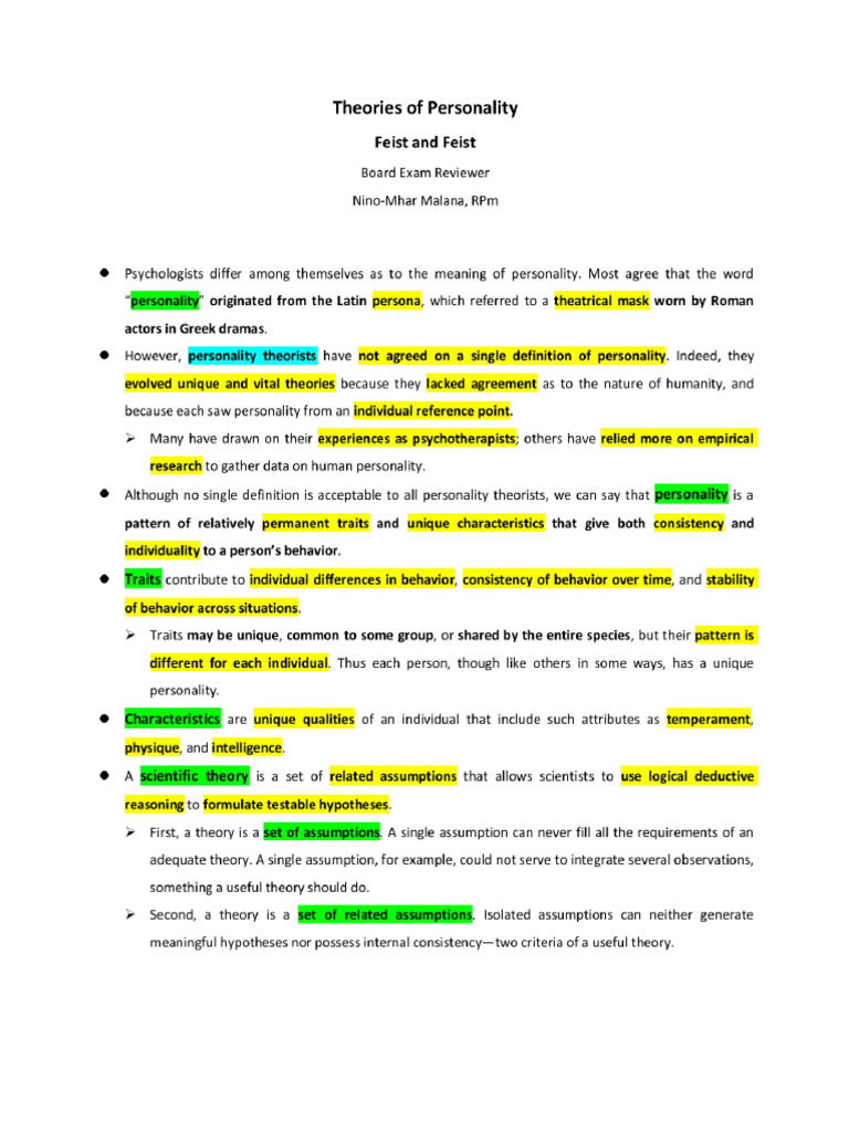 PSY 306 - Theories of Personality Reviewer (Feist) | PDF