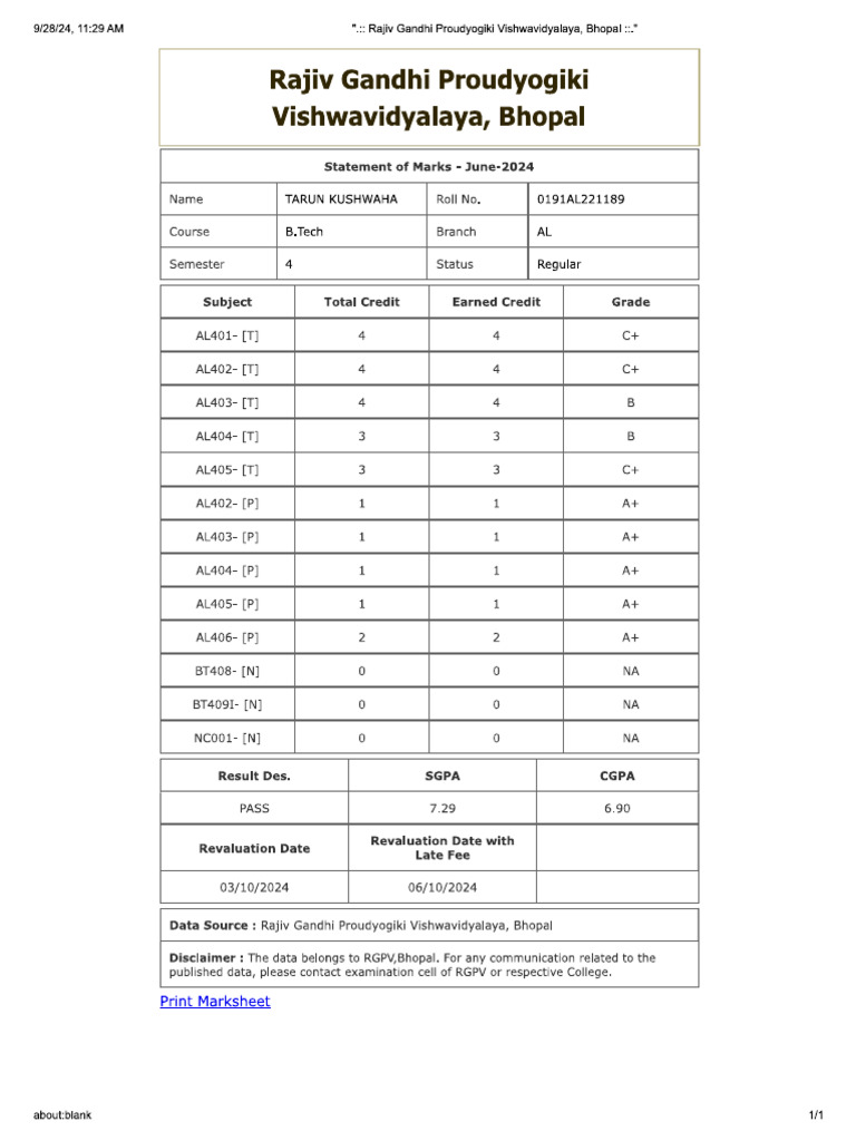 4thsem - Marksheet RGPV | PDF