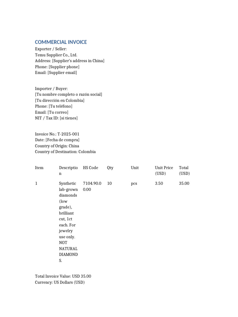 Commercial Invoice for Synthetic Diamonds | PDF