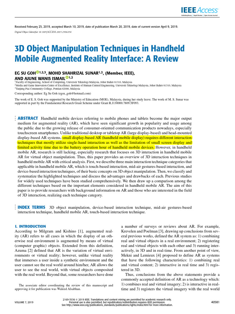 3D Manipulation in Mobile AR Review | PDF | Augmented Reality | Touchscreen