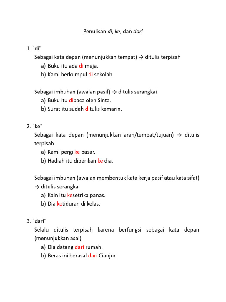 Aturan Penulisan "di", "ke", dan "dari" | PDF