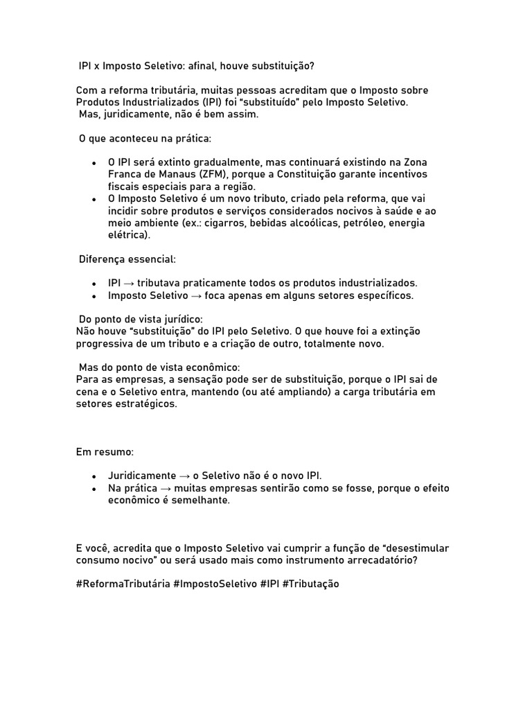 IPI e Imposto Seletivo: Diferenças Jurídicas | PDF