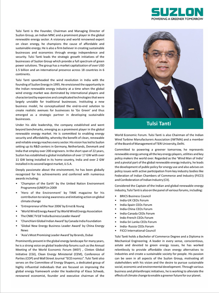 Tulsi Tanti Chairman Suzlon Group | PDF | Renewable Energy | Economies