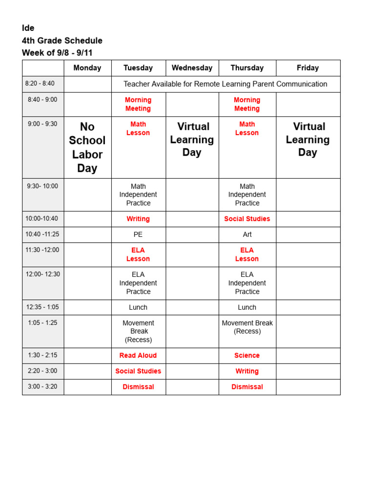 4th & 5th Grade Schedules Week of 9 8-9 11 | PDF